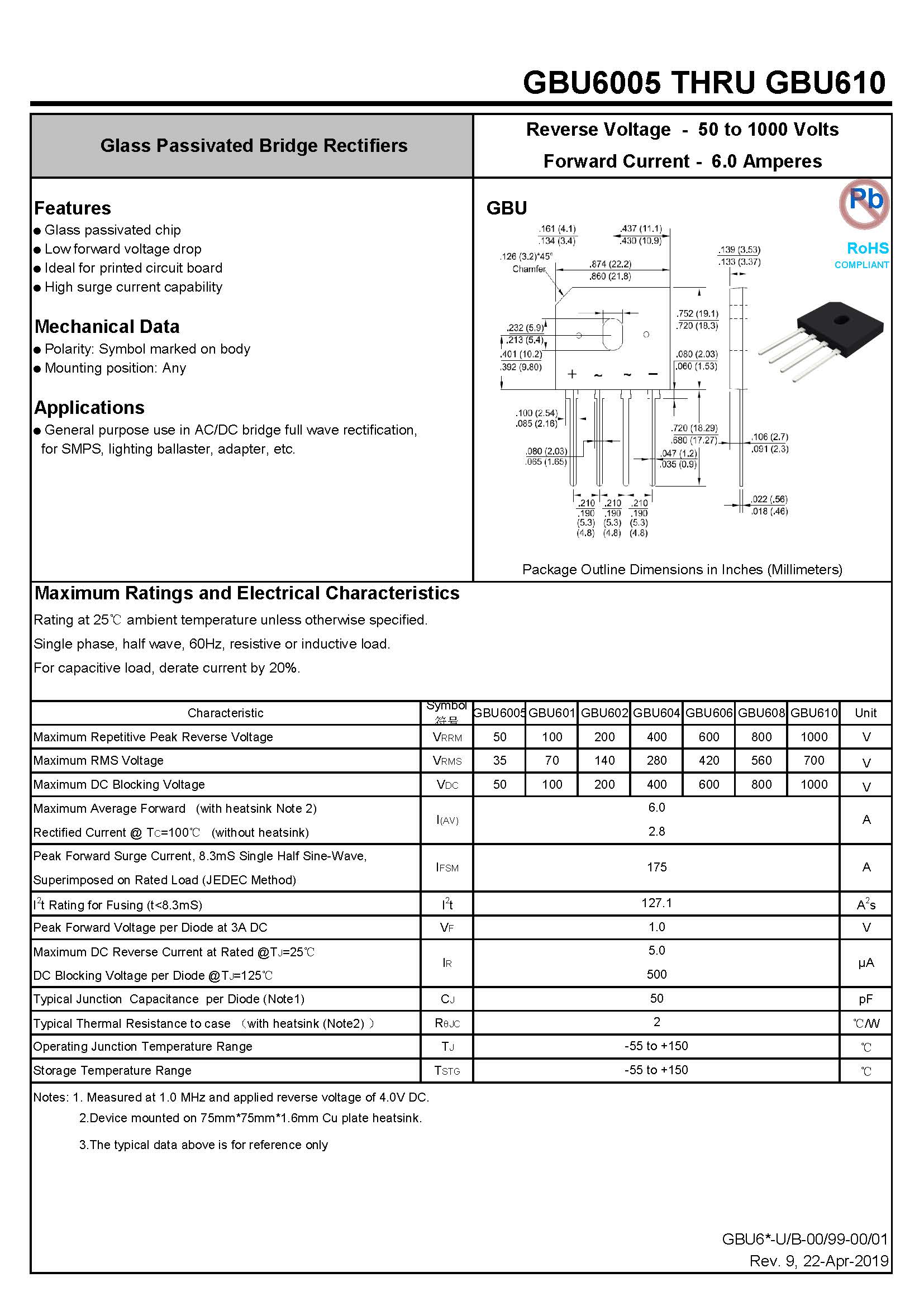 Glass Passivated Bridge Rectifiers GBU610 from China Supplier - Merryelc